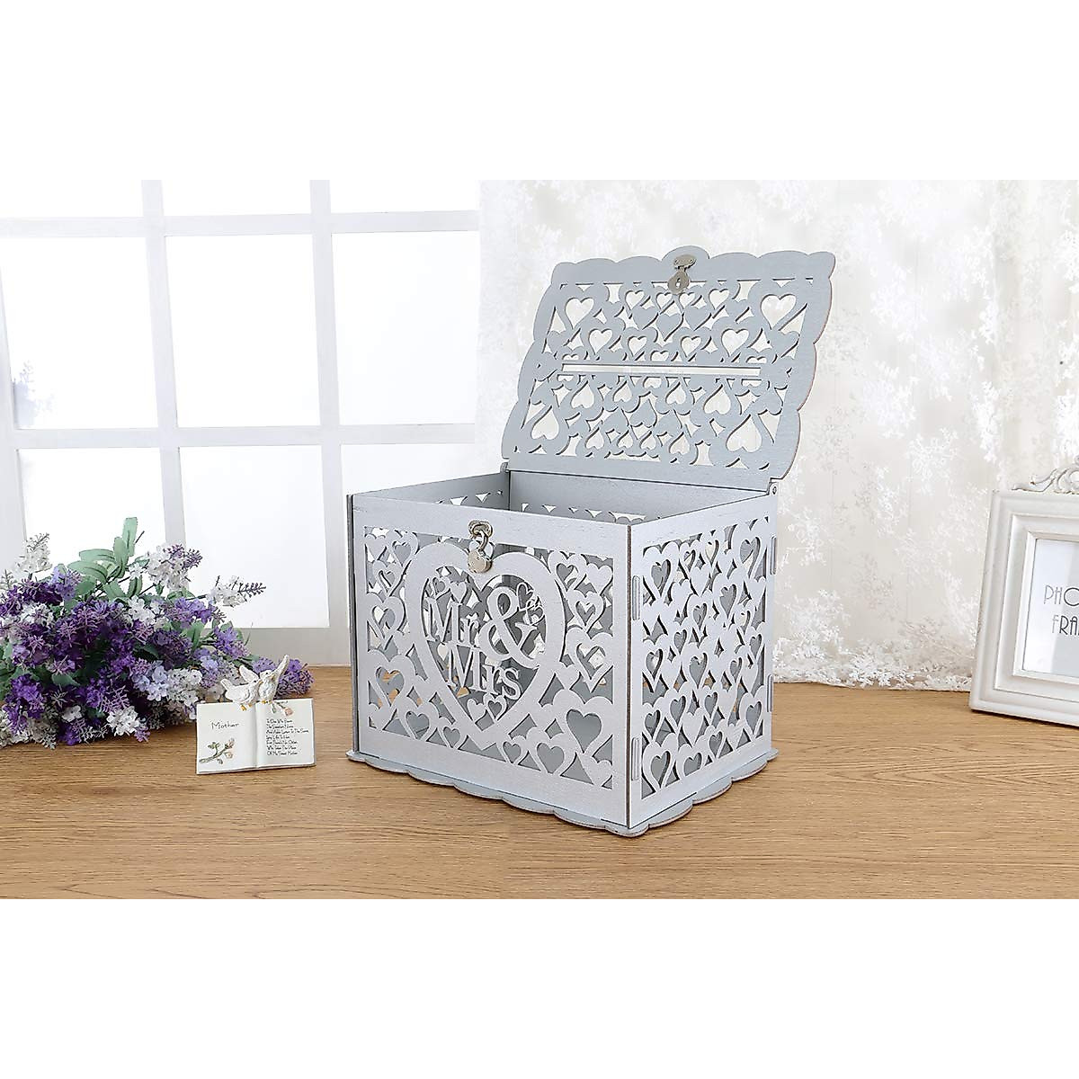 Artmag Wedding Money Box Holder with Sign, Large Rustic Wood Wooden DIY Envelop Gift Card Boxes with Lock Slot for Reception Anniversary Graduation Birthday Parties Baby Shower (Mr & Mrs, Silver)