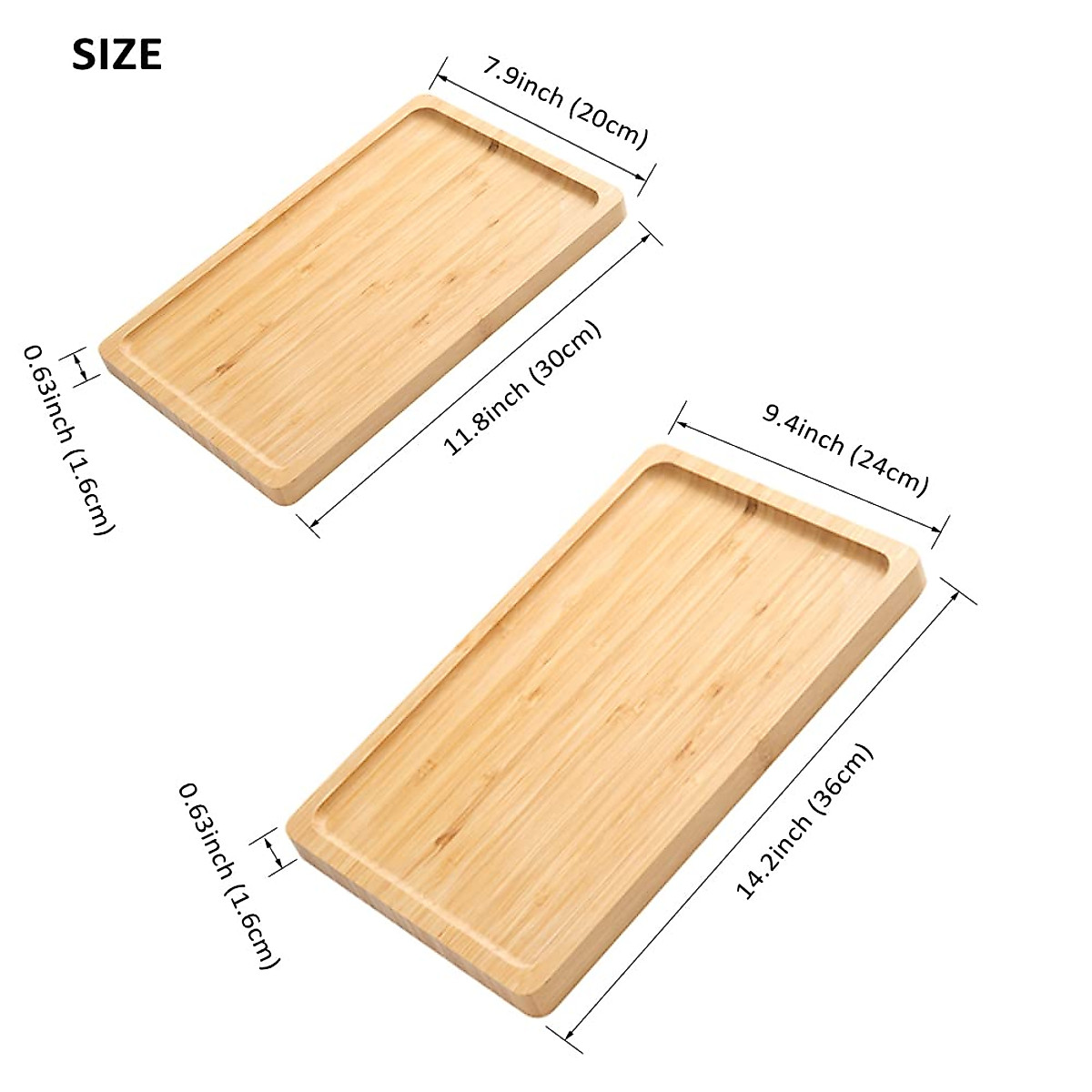 2 Pack Large Bamboo Serving Tray, 14.2''L x 9.4''W x 1''H and 11.8''L x 7.9''W *1''H, Portable Wooden Food Trays for Eating Dinner Breakfast Tea Snack Coffee Fruit Serving Trays
