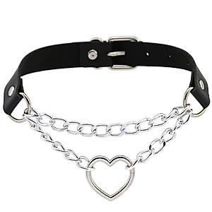 FM FM42 Pink PU Simulated Leather Gothic Punk Silver-tone Heart Ring Cuban Curb Link Chain Adjustable Neckband Collar Choker PN2401