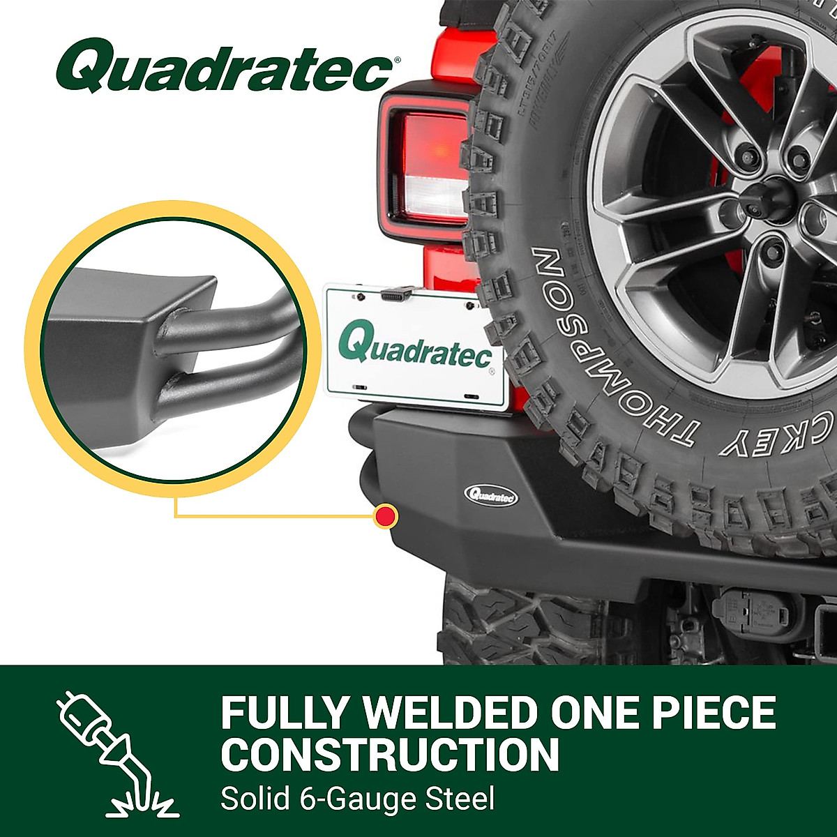 Quadratec QRC Rear Bumper - Fits Jeep Wrangler JL 2018-2022 - Spare Tire Clearance for 35" Tires - Mandrel Bent Corner Guards - Integrated License Plate Mount - Receiver Hitch Compatible 6 Gauge Steel