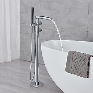 Qinkell Thermostatic Freestanding Bathtub Faucet Waterfall Tub Filler Chrome Floor Mount Bathroom Taps with Handheld Shower