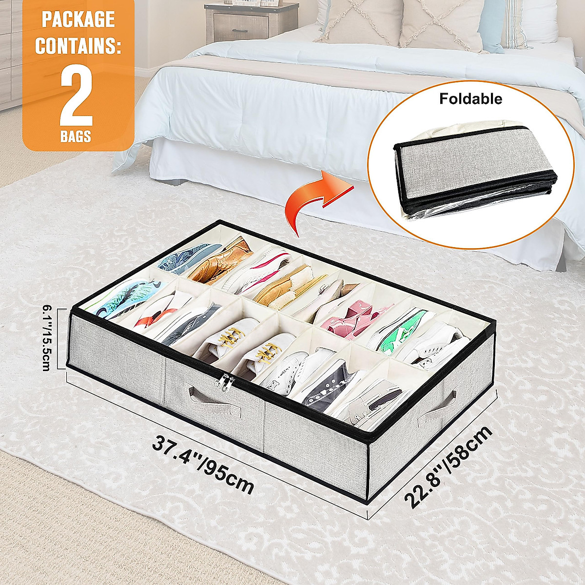 Shoe Storage Organizer Under Bed, 2 Pack Fits 32 Pairs, Extra Large Shoe Container, Breathable Fabric Underbed Storage for Sneakers, Slippers, Closet, Grey