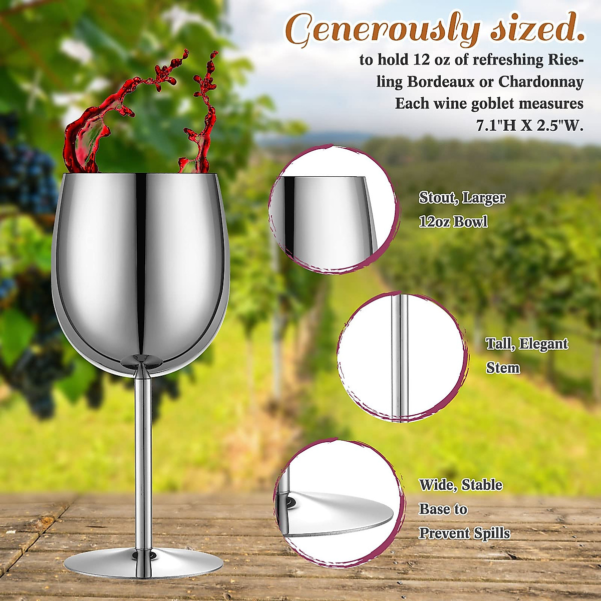 12 Set Stainless Steel Wine Glasses Metal Unbreakable Wine Glass 12 oz Portable Steel Wine Glass Wine Goblet Stemmed Wine Glasses Goblet Set for Outdoor Travel Camping Picnic, Silver