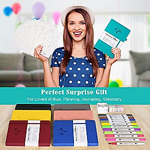 OFFIGIFT Bullet Dotted Journal Kit, 140gsm Hardcover A5 Dotted Journal with 188 Numbered Pages and 3 Index, 12 Brush Pens Dual Tip, 10 Stencils and 14 Washi Tape for Women Men Teen Girls, Teal