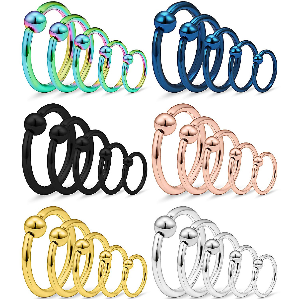 Dyknasz 30Pcs Stainless Steel Earrings Hoop Rings for Women Men Nose Lip Tragus Helix Ear Septum Nipple Belly Captive Bead Rings Body Piercing Jewelry 14G Silver-Tone Rose Gold Black 8mm 10mm 12mm