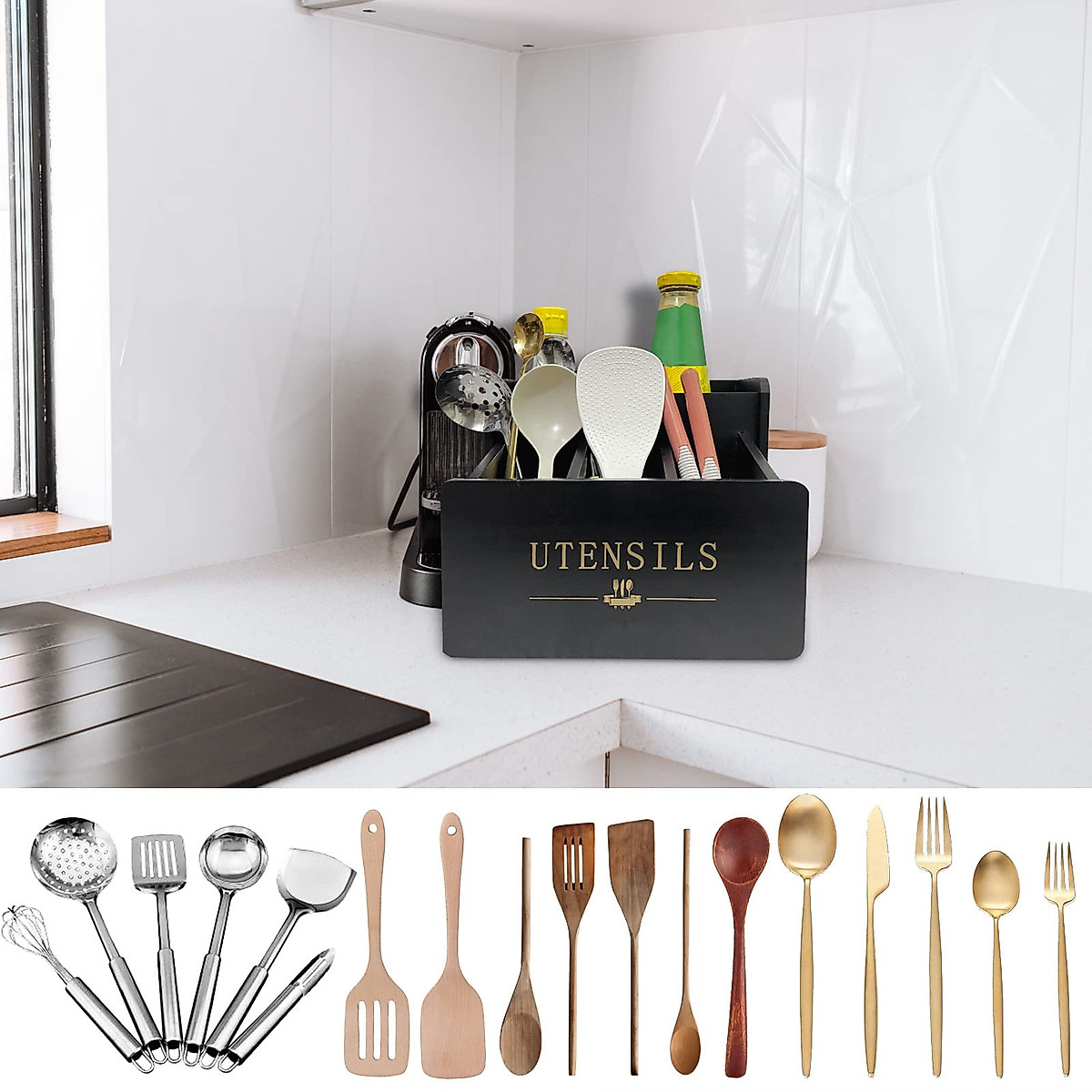 Yleric kitchen utensil organizer for countertop,wooden utensil holder organizer-5 compartments with splints,The tableware rack is used for storing knives, forks, spoons and napkins. (black)