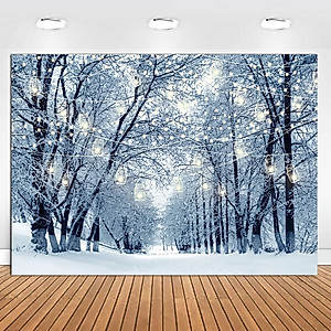Qian Winter Wonderland Scene Photography Backdrop 7x5FT Snowflake Bokeh Tree Landscape Snowy Forest Photo Background for Family Christmas Party Photoshoot Decorations