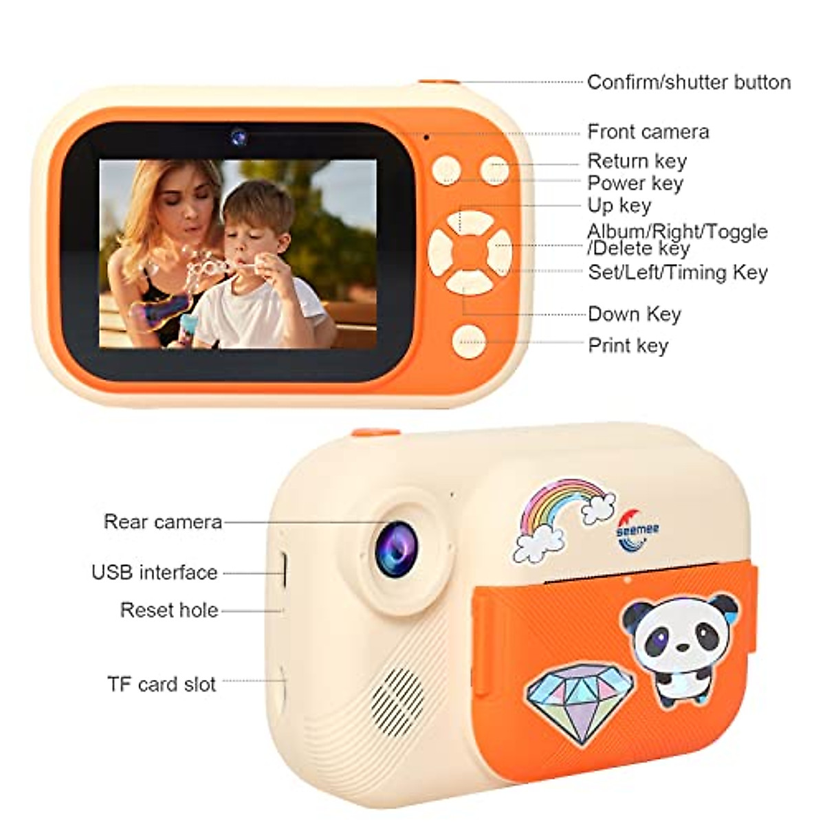 Seemee Instant Print Camera for Kids, Funny Selfie Camera, Kids Digital Camera with 3.5" Screen, 32G Card, Print Papers, Stickers, Dual Cameras HD 1080P, Birthday Gifts Toys for Boys Girls (Beige)