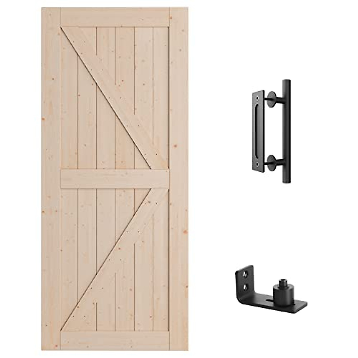 SmartStandard 36in x 84in Barn Door Kit, (2-Panel Sliding Door & Pull and Handle Set & Floor Guide), Pre-Drilled Ready to Assemble, Natural Unfinished Solid Wood Door, K-Frame (Fit 6FT -6.6FT Rail)