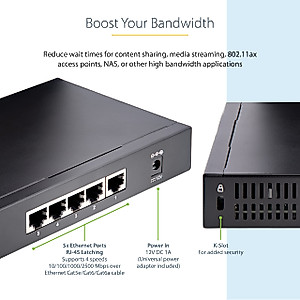 StarTech.com Unmanaged 2.5G Switch - 5 Port Gigabit Switch - 2.5GBASE-T Unmanaged Switch - Network Switch - Desk or Wall Mount - Backwards Compatible with 10/100/1000Mbps Devices - 9K Jumbo (DS52000)