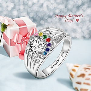 BAUMA AUTO Sterling Silver Personalized Mothers Ring with 1-8 Simulated Birthstones Engraving Family Name Ring for Mother Grandma
