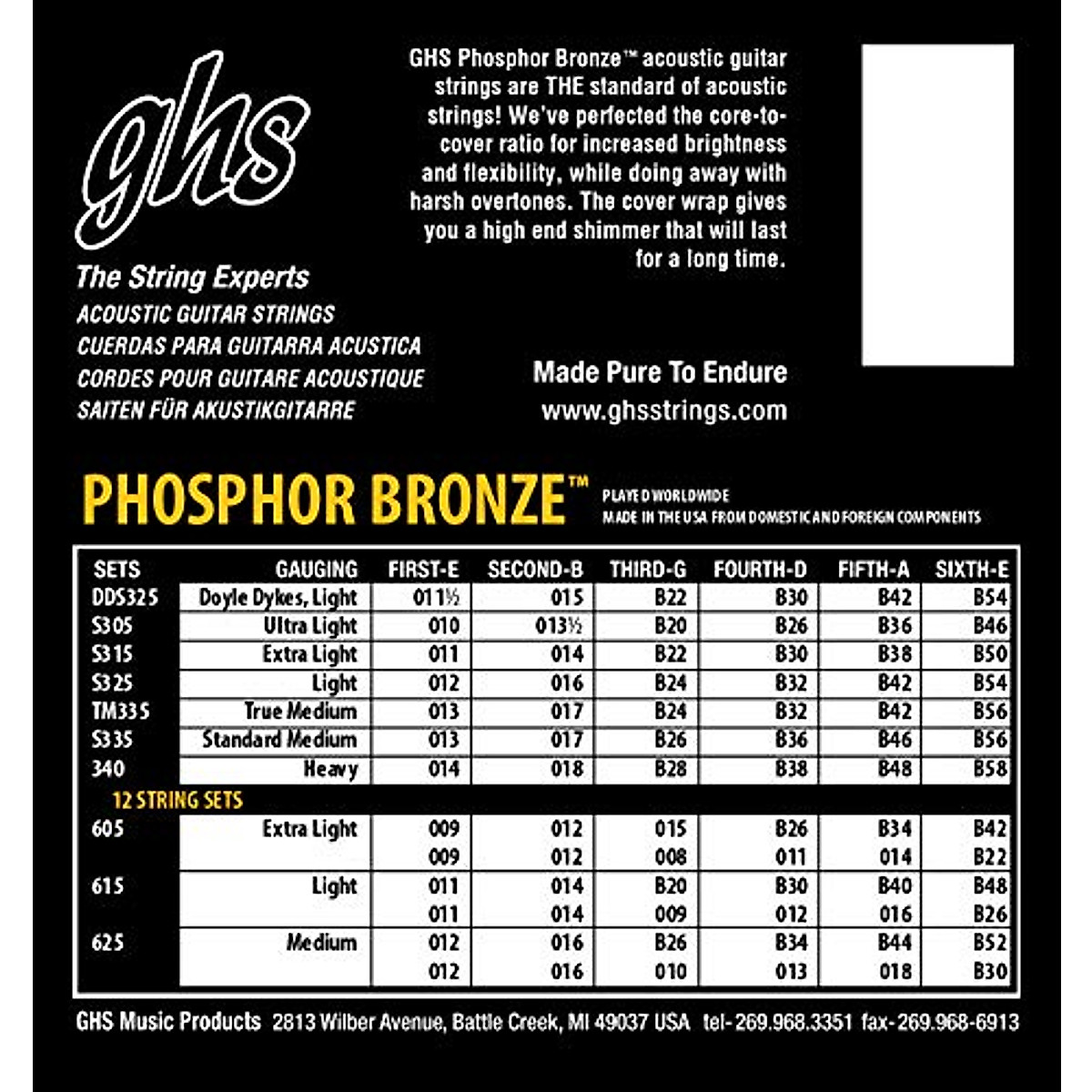 GHS Strings S325 Phosphor Bronze Acoustic Guitar Strings, Light (.012-.054)