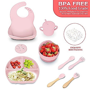Silicone Baby Feeding Set - REIKTLUD Baby Led Weaning Supplies - Silicone Suction Bowls Divided Plates, Sippy and Snack Cup - Toddler Self Feeding Eating Utensils Set with Bib, Spoons, Fork (Pink)