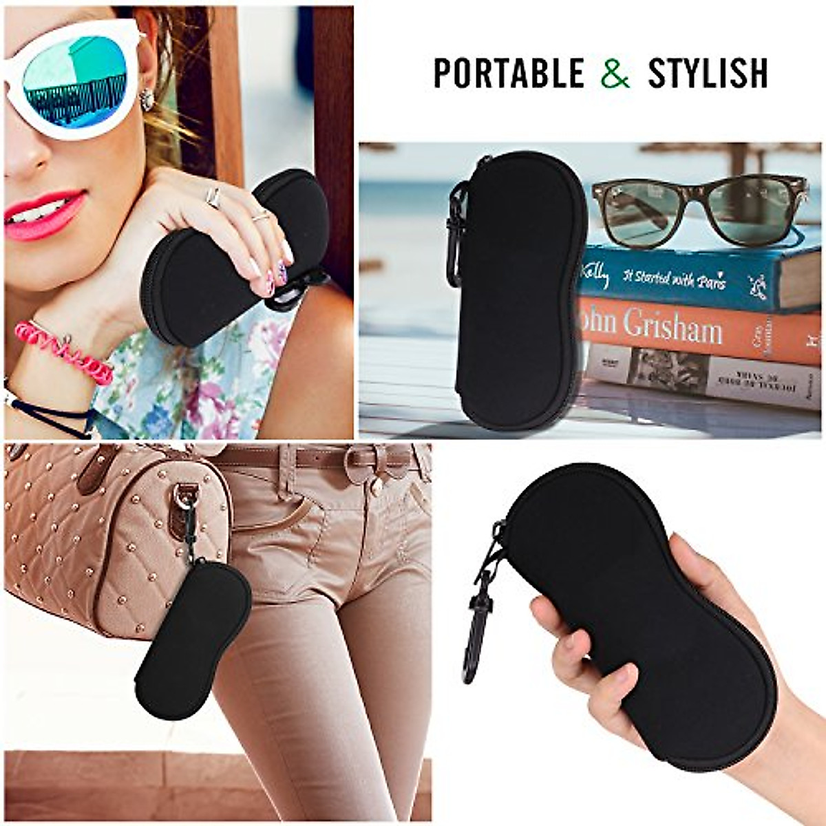 MoKo Eyeglass Soft Case, Zippered Neoprene Sunglasses Pouch with Clip for Men Women - Black