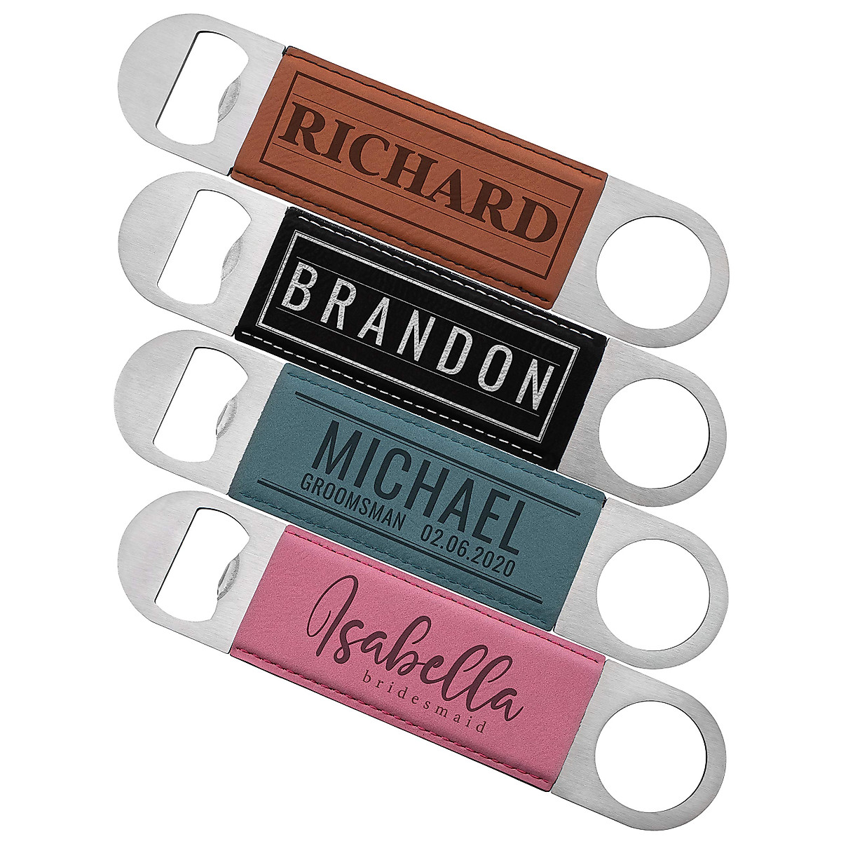 Groomsmen Gifts, Set of 6, Personalized Bottle Openers - 10 Designs, Teal - Leather Trim Stainless Steel Custom Bottle Opener for Groomsman - Bachelor Party Gifts, Wedding Gifts, Best Man Gift