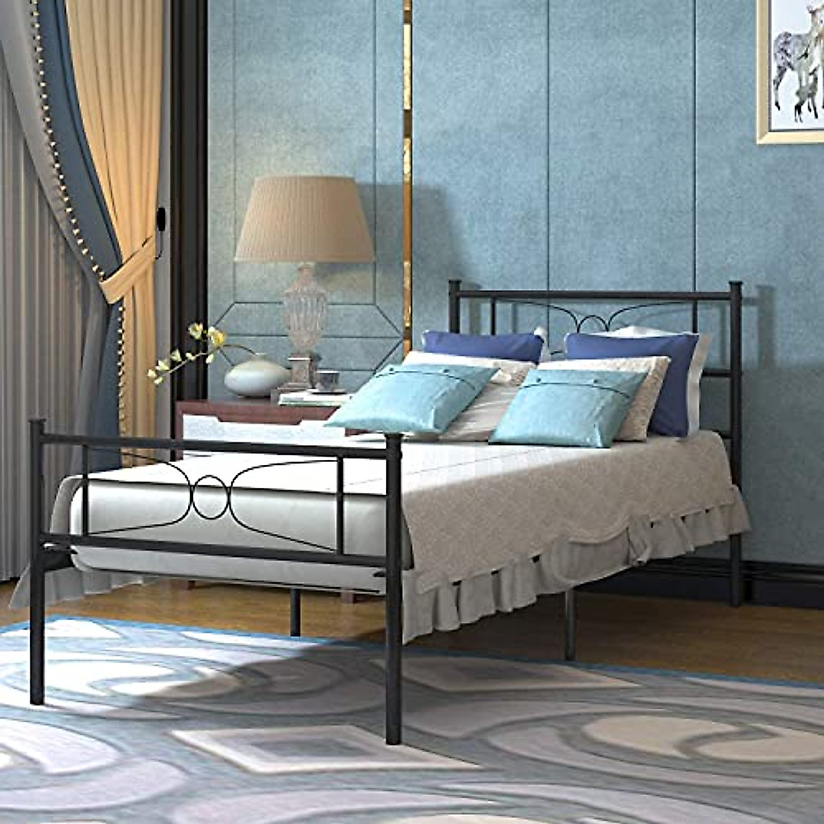 Metal Twin Bed Frames with Headboard for Boys Girls Adults Twin/Single Size Bed Frame No Box Spring Needed - Platform Beds Mattress Foundation with Storage for Student Teenager-Black