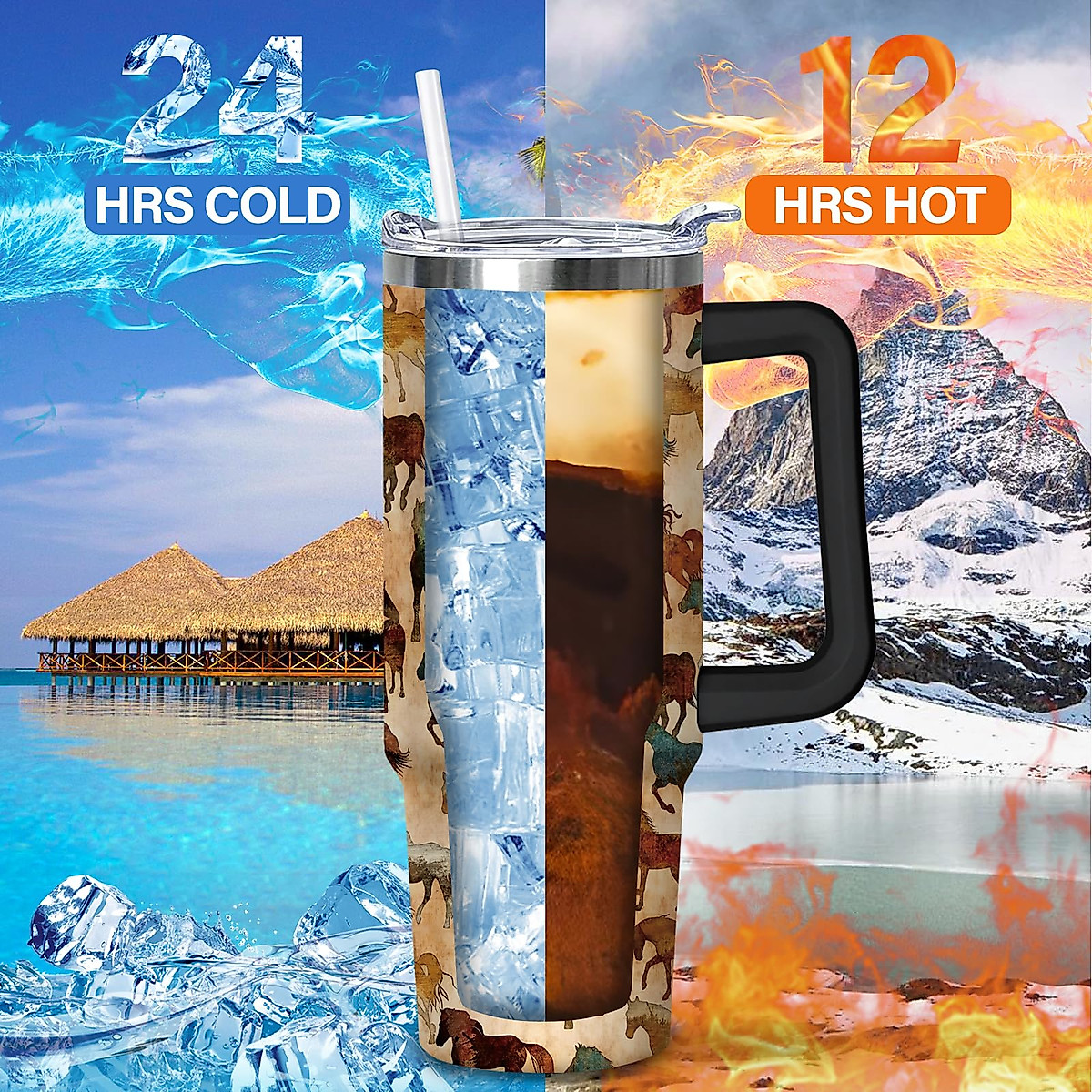 puhnhsv 30 oz Horse Tumbler With Handle and Straw, 30oz Insulated Stainless Horse Tumbler Coffee Travel Mugs Cup Water Bottle Horse Lovers Gifts for Women Girls