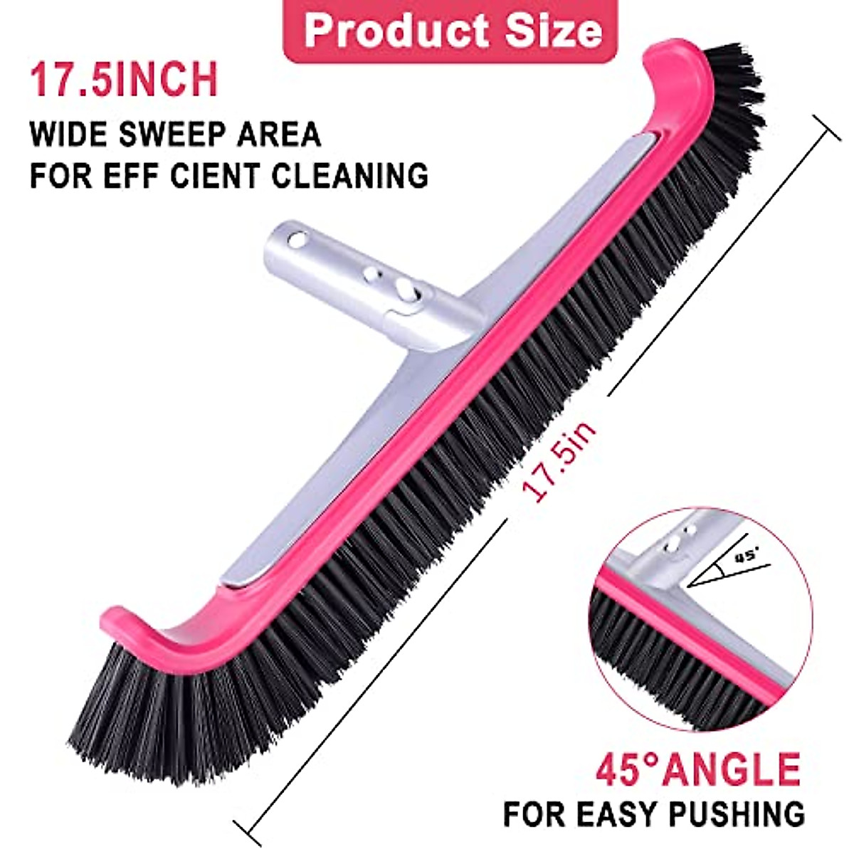 Professional Luxury Swimming Pool Wall & Tile Brush,17.5" Curved Edge Heavy Duty Polished Aluminum Back Head Designed for Cleans Walls, Tiles & Floors, Premium Nylon Bristles with EZ Clips (Ruby red)