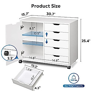DEVAISE 5-Drawer Wood Dresser Chest with Door, Mobile Storage Cabinet, Printer Stand for Home Office