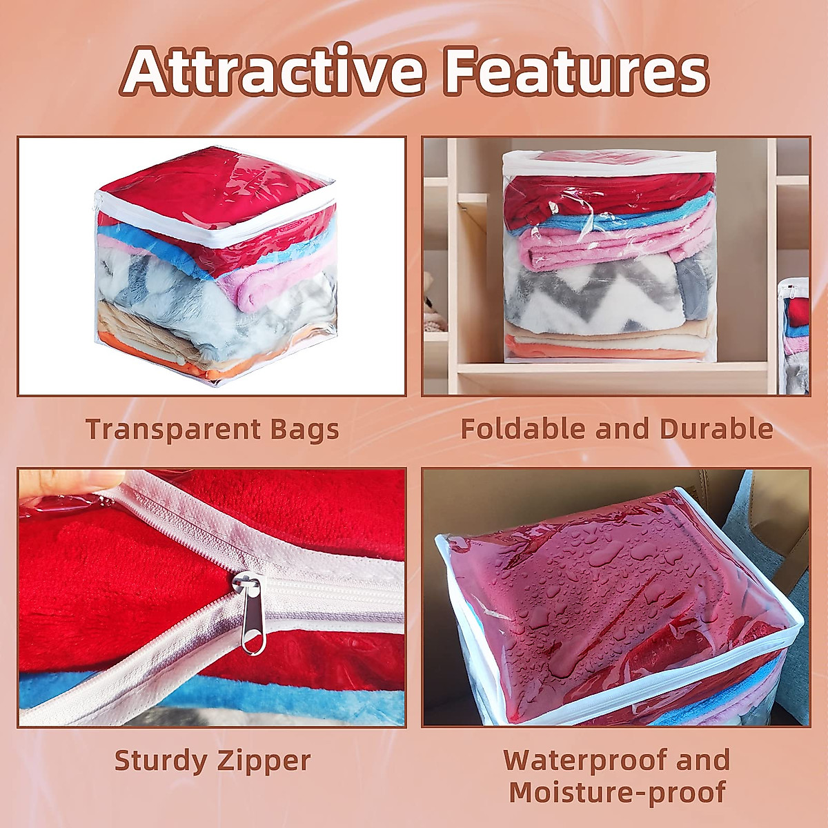 12 Pcs Large Clear Zippered Storage Bags - 12 x 12 x 12 Inches Blankets Storage Bags Plastic Storage Bags for Sweater Bed Sheet Organizer with Zipper for Closet Linen Sweater Bed Sheet Pillow
