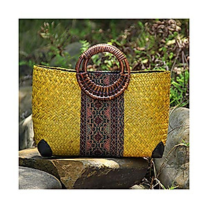 QTKJ Women Summer Retro Straw Bag with Printing Hand-woven Beach Handbag Top Round Handle Boho Tote Bag Shopping and Travel Large Bag (Yellow)