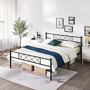 Yaheetech Queen Size Metal Platform Bed Frame Mattress Foundation with Headboard and Footboard No Box Spring Needed Under Bed Storage Steel Slats Black