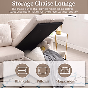 DAMAIFROM Convertible Sofa Bed Sleeper, 3 Seater L-Shaped Sleeper Sectional Sofa with Storage Chaise, Comfy Corduroy Couch, Upholstered Pull Out Sofa Bed for Living Room, Beige