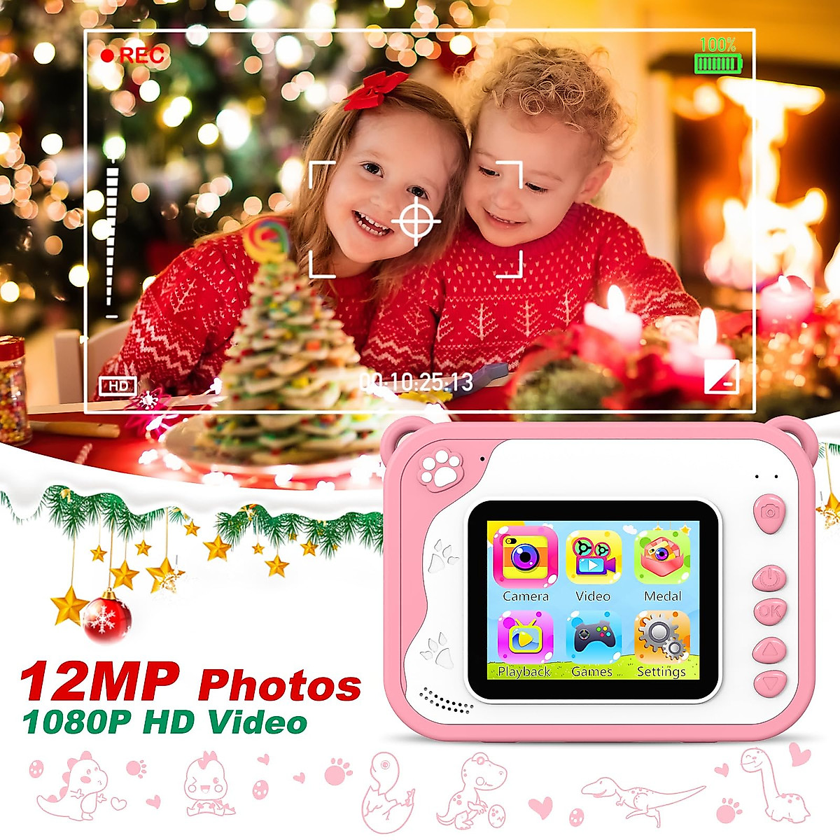 USHINING Instant Print Camera for Kids 12MP Digital Print Camera for Kids Aged 3-12 1080P Instant Camera for Kids with 32GB SD Card,Color Pens,Print Papers (Pink)