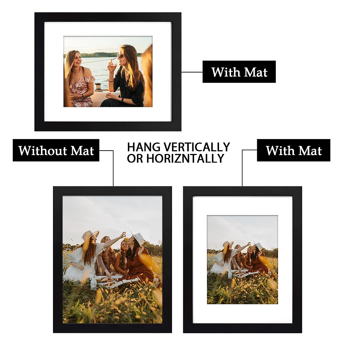 Frametory, 11x14 Picture Frame, Solid Wood, Black Molding, Set of 1, Display 8x10 with Mat or 11x14 Without Mat - Tempered Glass Front, Wall Gallery Frame (Black, 1 Pack)