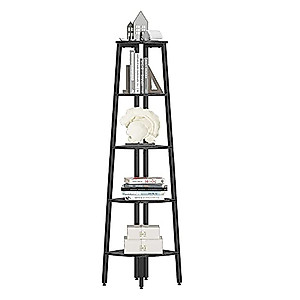CubiCubi Corner Shelf Stand, Corner Shelves, Industrial Ladder Shelf for Small Space, Metal Corner Book Shelf with Two Hooks,Black Marble