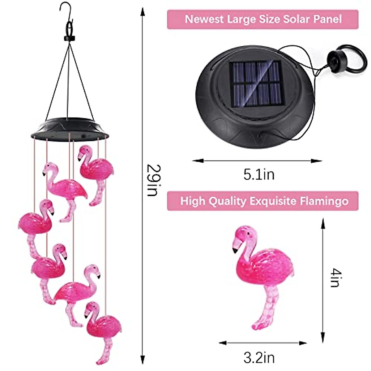 WANQDG Flamingo Solar Wind Chimes for Outside, Waterproof LED Solar Powered Memorial with Lights, Housewarming Gifts for Garden Outdoor Patio Yard Lawn Decor