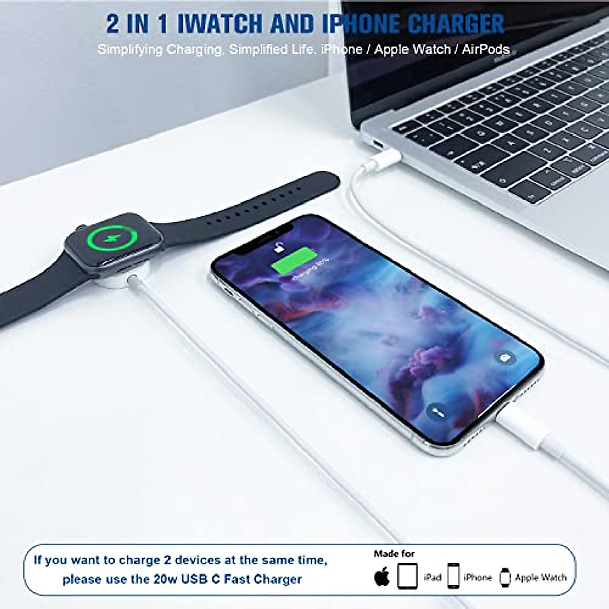 2 in 1 USB C Charger for Apple Watch and iPhone, 20W PD Fast Wall Charger Power Adapter with 6.6 FT Magnetic iWatch Charging Cable for Apple Watch Series 8/7/SE/6/5/4/3/2/1 & iPhone 14/13/12/11/XS/X