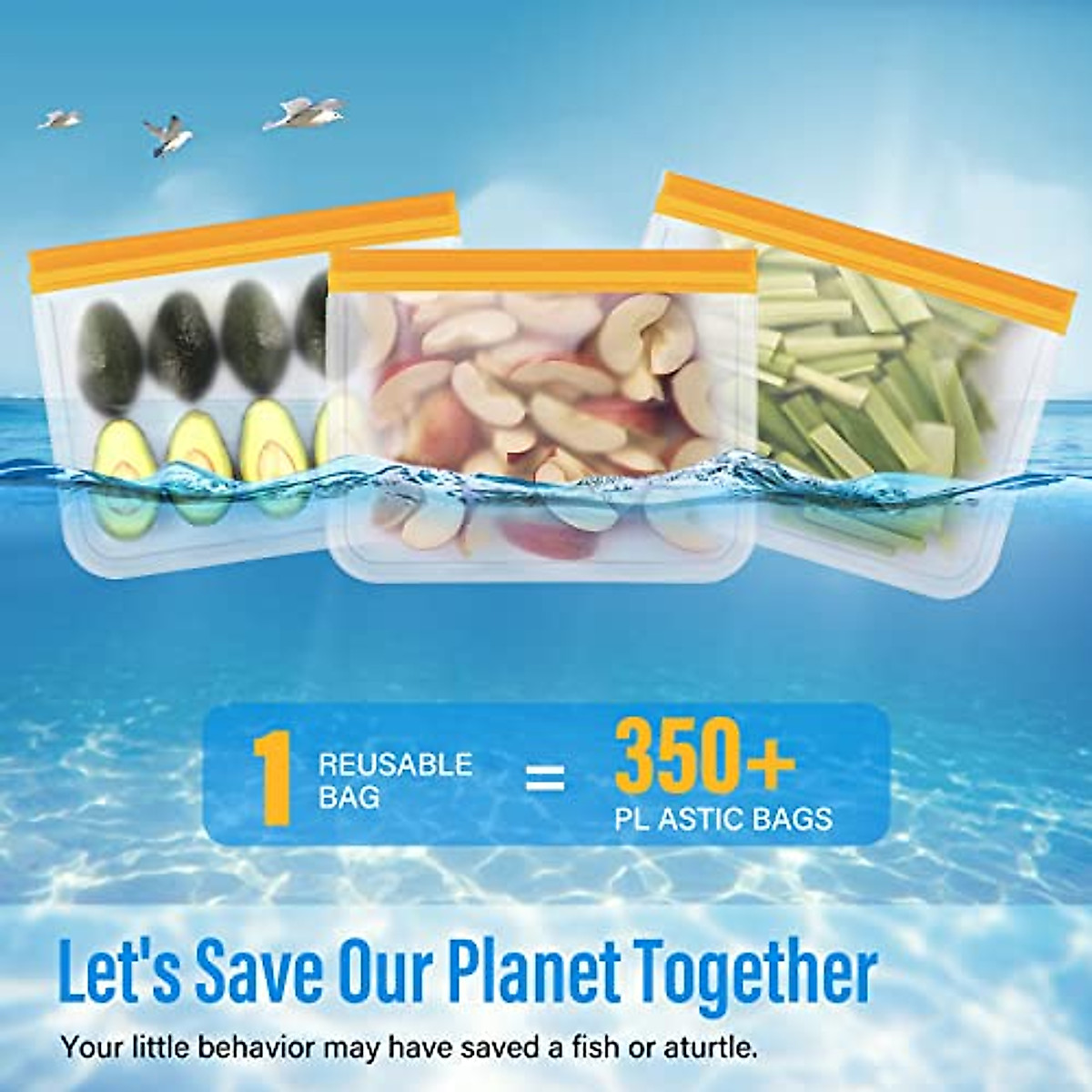 Reusable Food Storage Bags, 6 Pack BPA Free Reusable Freezer Bags Reusable Gallon Bags Sandwich Bags Snack Bags, Extra Thick Leakproof Silicone Lunch Food Bags for Meat Fruits and Vegetables