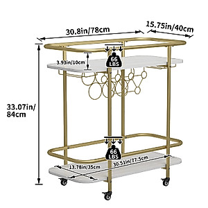 BENOSS Gold Bar Cart on Wheels, Home Bar Serving Carts, Modern Marbled Pattern Wine Cart with Glass Holder Wine Rack, Coffee Tea Drink Trolley, Beverage Bar Cart for the Home Kitchen Living Room Party