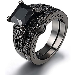 LOVERSRING Couple Ring Bridal Set His Hers Black Stainless Steel 10k Black Wedding Ring Band Set