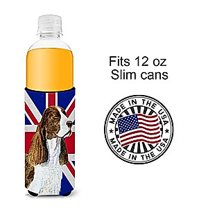 Caroline's Treasures SS4955MUK Springer Spaniel with English Union Jack British Flag Ultra Hugger for slim cans Can Cooler Sleeve Hugger Machine Washable Drink Sleeve Hugger Collapsible Insulator Beve