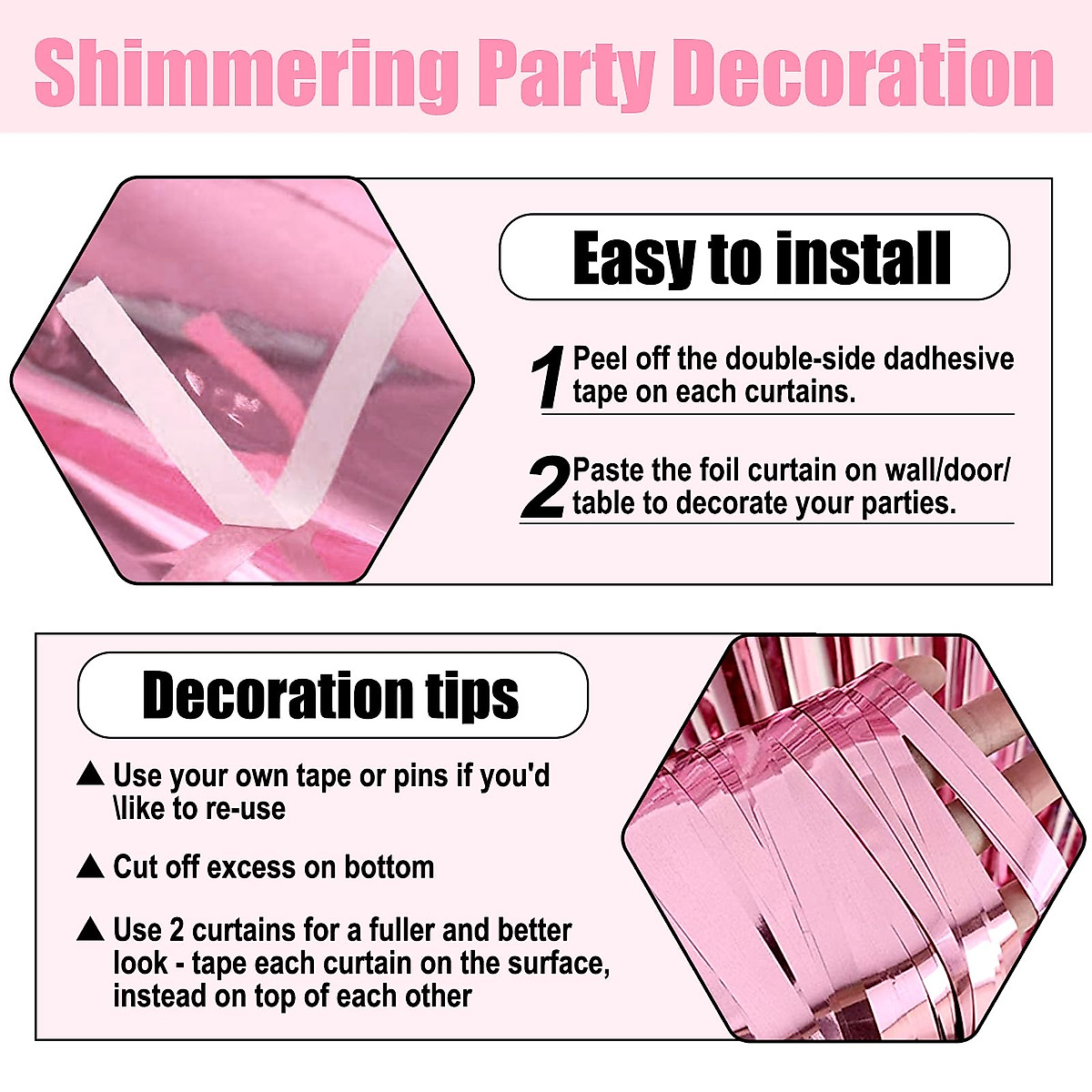 3 Pack Pink Foil Fringe Curtain Backdrop, 3.28Ft x 9.8Ft Metallic Tinsel Foil Fringe Streamer Curtains for Photo Booth, Christmas Day, Thanksgiving, Wedding, New Year Party Decorations