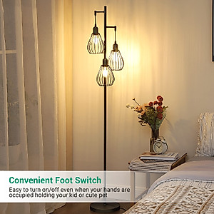 EDISHINE Industrial Floor Lamp, Tree Floor Lamp with 3 Elegant Teardrop Cage Head & 4W 3000K Edison Bulbs, Sturdy Base Standing Floor Lamp for Bedroom, Living Room, Office, E26 Base