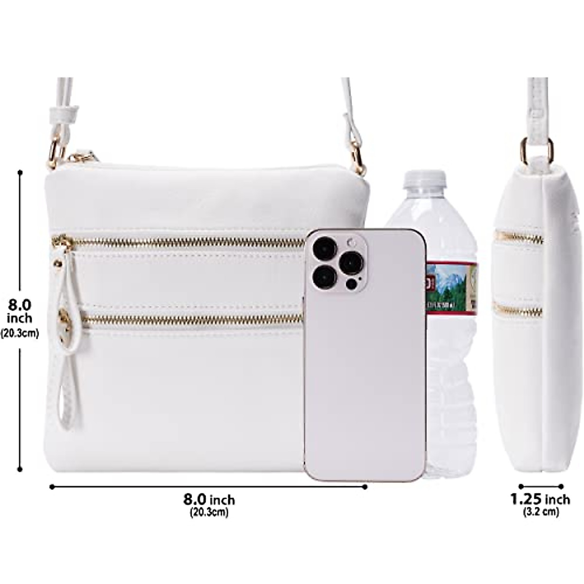 Solene Crossbody Bag Functional Multi Pocket Double Zipper Purse with Adjustable Strap-WU085(White)