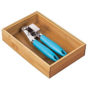 mDesign Wooden Bamboo Drawer Organizer - 9" Long Stackable Storage Box Tray for Kitchen Drawers and Cabinet - Utensil, Silverware, Spatula, and Flatware Holder - Echo Collection - 4 Pack, Natural Wood