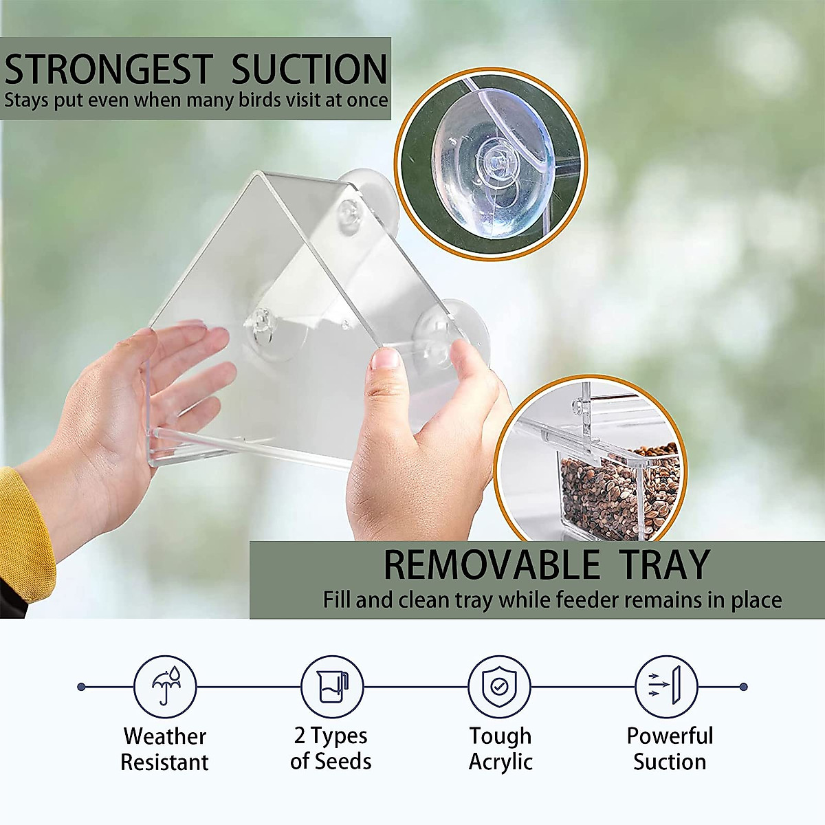 Clear Window Bird Feeder, Squirrel Proof with Strong Suction Cups Removable Sliding Seed Tray, Fits for Wild Birds. Best Gift
