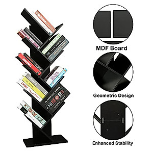 Function Home Tree Bookshelf, 9 Shelf Small Geometric Bookcase, Free Standing Book Shelves, Unique Wood Storage Rack for CDs/Books Utility Organizer Shelves for Living Room, Bedroom, Home Office,Black