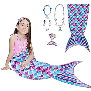 Mermaid Gifts for Girls, Mermaid Tail Blanket Mermaid Jewelry Makeup Set for Girls 3 4 5 6 7 8 9 10 11 12 Years Old, Mermaid Theme Birthday Decorations Accessories Gift