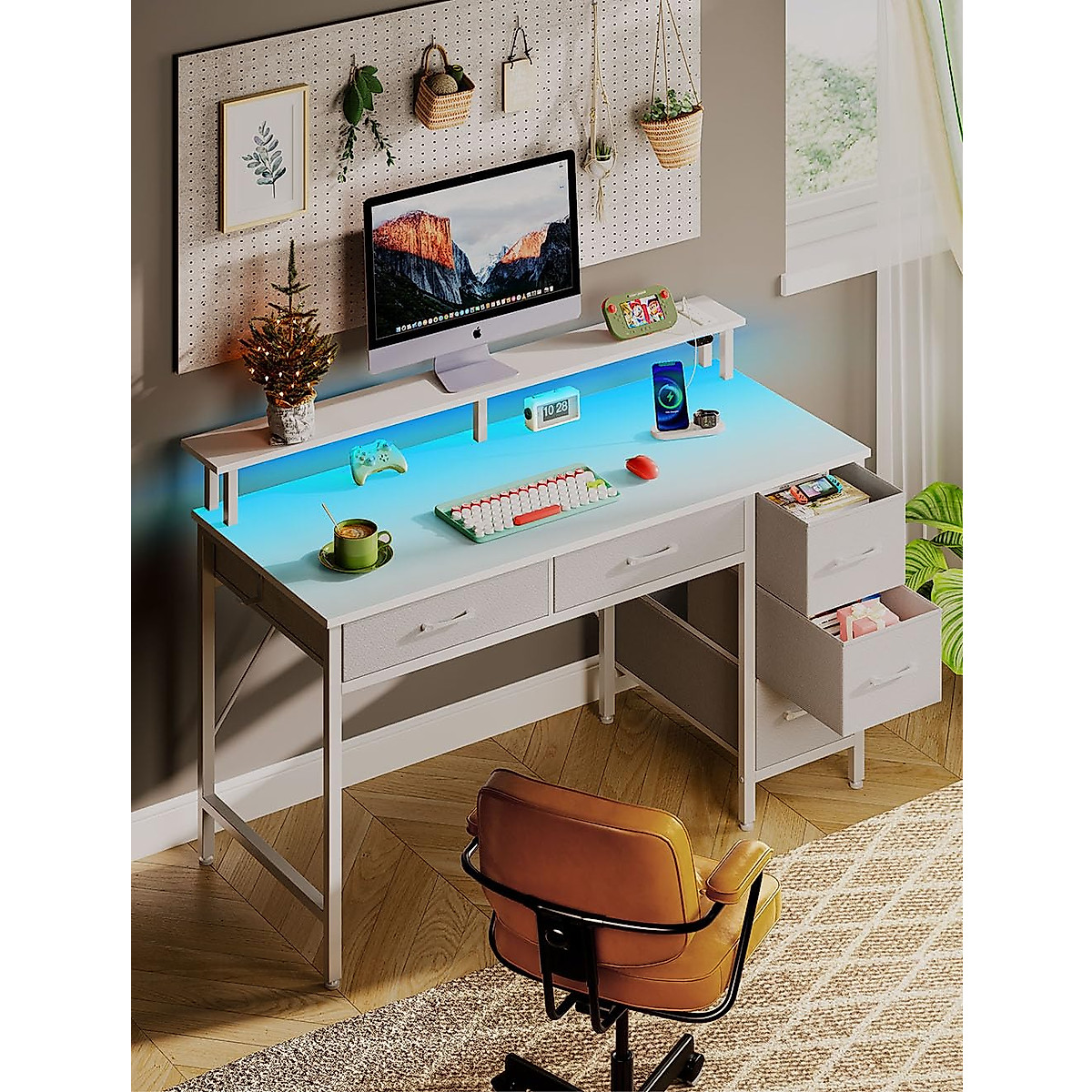 Seventable Computer Desk with Power Outlets & LED Light, 39 inch Home Office Desk with 5 Drawers, Writing Desk with Monitor Stand, Work Desk for Home Office, White