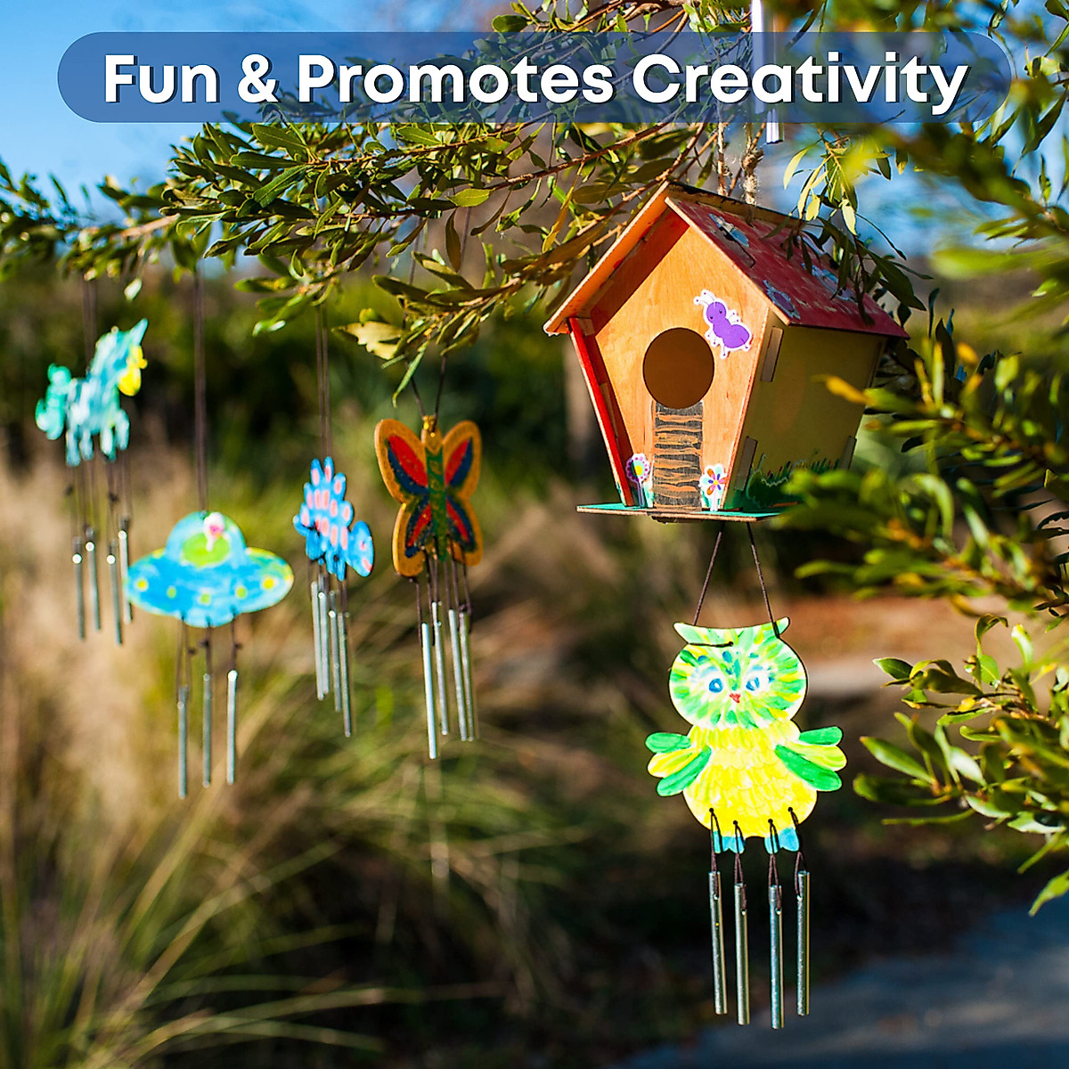9 Wooden Birdhouses & 9 Wind Chimes -Art & Crafts for Kids Ages 4 5 6 7 8 - Kids Bulk Arts and Crafts Set with Painting Kit -DIY Wood Bird House and Windchimes Kits for Boys Girls to Build & Paint