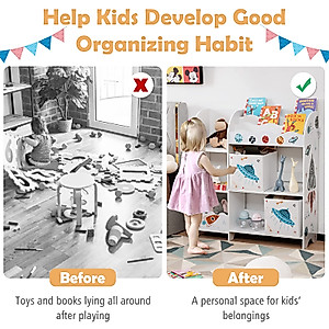 Costzon Toy and Book Organizer for Kids, Wooden Storage Display Cabinet Bookshelf w/5 Open Shelves, 2 Storage Boxes and 3 Slots, Kids Storage Unit for Playroom, Classroom, Living Room (UFO)