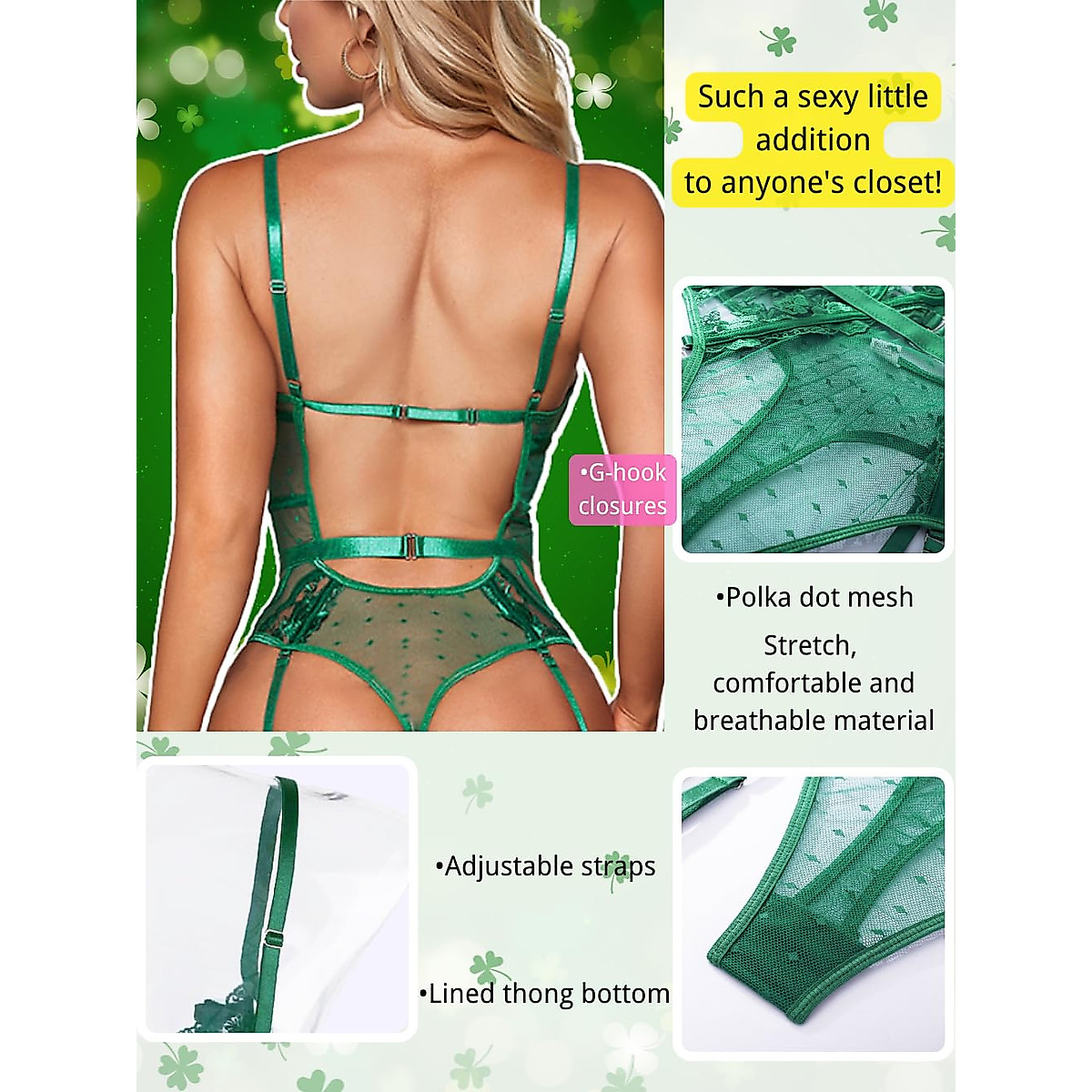 Kaei&Shi Bodysuit Lingerie for Women,Plunge Underwire Floral Lace Teddy Lingerie,Sexy Cutout Thong One Piece Body Suit with Garter St Patricks Dark Green Medium