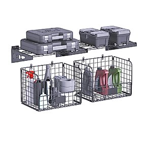 Heevir Garage Wall Shelving with Wire Basket, Heavy Duty Shelf Wall Mount Garage Organizer, Wire Basket with Garage Storage Rack Floating Shelves for Home Garden Workshop Organization and Storage