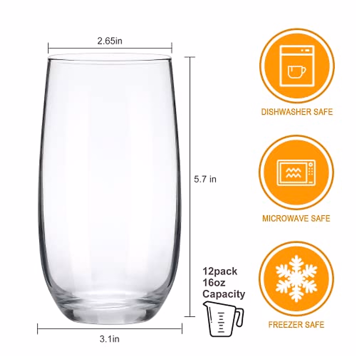 QAPPDA Drinking Glasses Set of 12,16 OZ Highball Glasses with Straws,Clear Tall Water Glasses Premium Cocktail Glasses Beverage Cups Mojito Glassware for Juice,Mixed Drinks