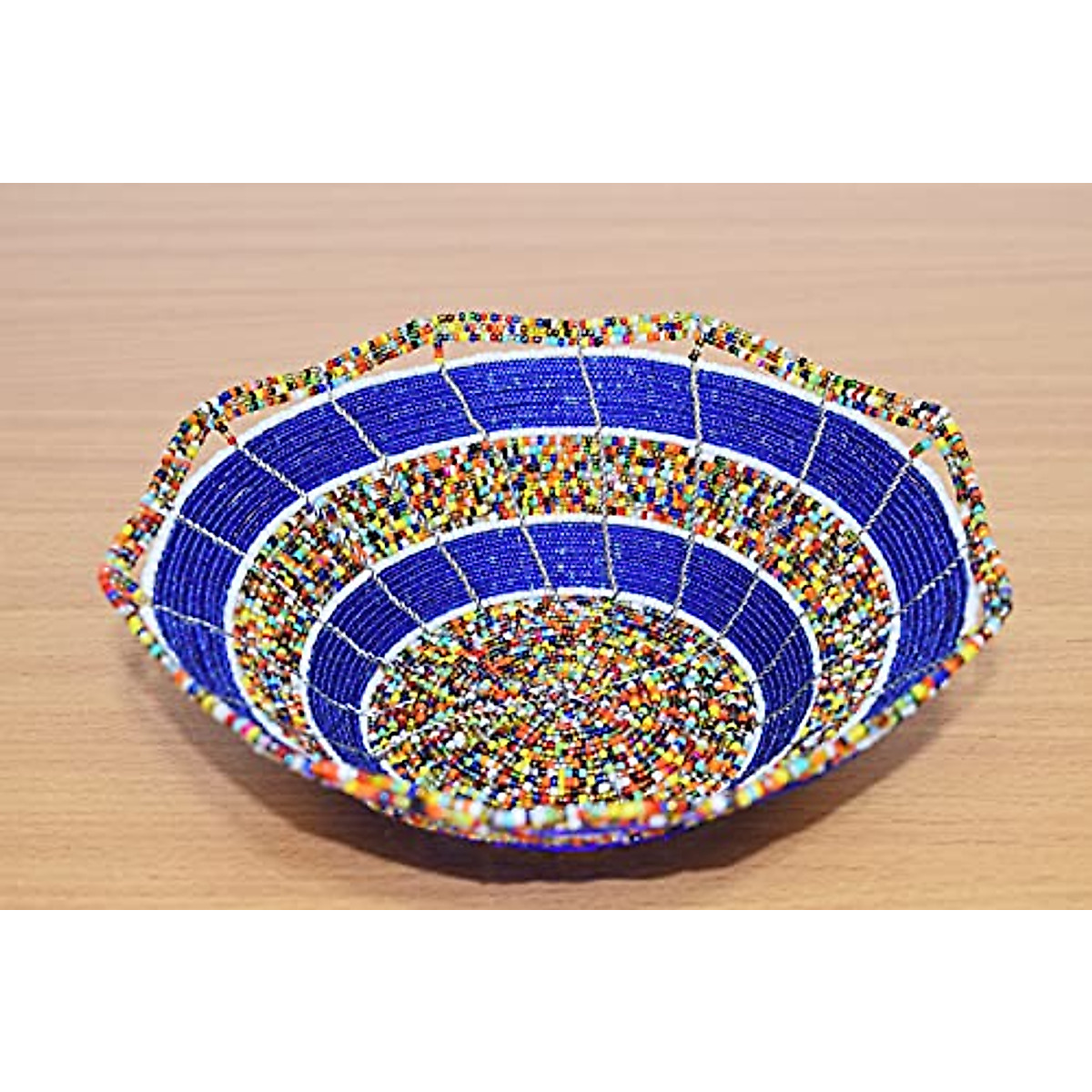 Set of 3 African Beaded Wire Bowls (2 x Large blue/red, 8 Inches + 1 Small blue, 6 inches) - Maasai Jewelry Bowl - Handmade in Kenya, KSBOWL012